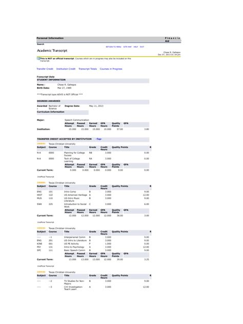Undergrad Transcript Pdf Course Credit Grading Education