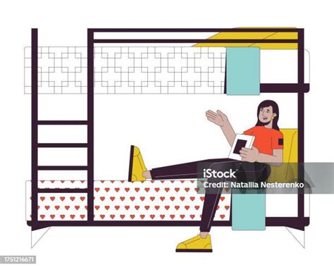 벙크형 플랫 라인 컬러 벡터 문자에 앉아 있는 책을 들고 있는 인도 여성 기숙사 방에 대한 스톡 벡터 아트 및 기타 이미지