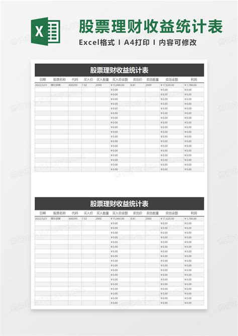 股票理财收益统计表Excel模板下载 熊猫办公