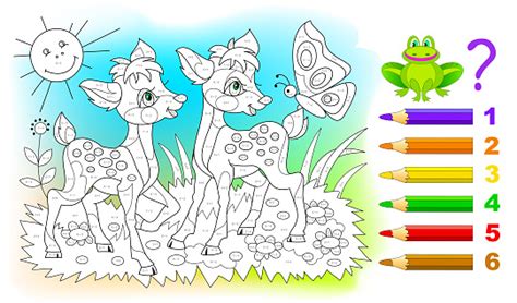 아이들을 위한 수학 교육 색칠 공부 덧셈과 뺄셈에 대한 수학 연습 예제를 풀고 사슴을 칠하세요 계산 기술 개발 어린이 교과서를 위한 인쇄 가능한 워크시트 0명에 대한 스톡