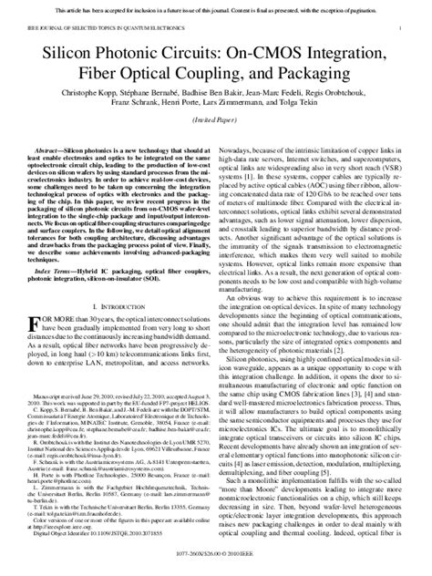 Pdf Silicon Photonic Circuits On Cmos Integration Fiber Optical Coupling And Packaging