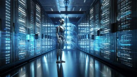 Sleek Ai Robot Standing In Front Of Server Array Glowing Lights Data Streams Fiber Optic