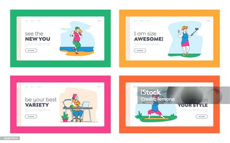 바디 포지티브 아름다움 다이어트 랜딩 페이지 템플릿 세트 플러스 크기 여성 라이프 스타일 지방 여성 캐릭터 작업 사무실에 대한 스톡 벡터 아트 및 기타 이미지 Istock