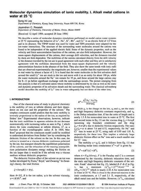 Pdf Molecular Dynamics Simulation Of Ion Mobility I Alkali Metal Cations At 25 C