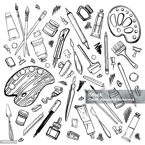 손으로 그린 스케치 벡터 아티스트 자료의 집합입니다 흑백 그림 및 그리기 도구 그림 양식 브러쉬 튜브 팔레트 펜 및 연필 흰색
