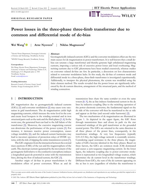 Pdf Power Losses In The Three‐phase Three‐limb Transformer Due To Common And Differential Mode