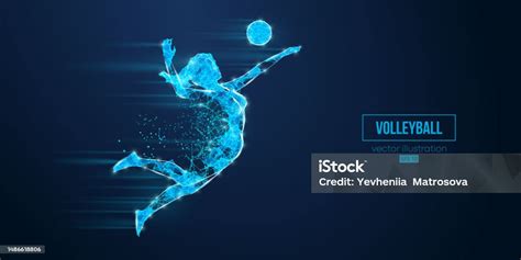 배구 선수의 추상적인 와이어프레임 실루엣은 파란색 배경에 삼각형과 입자로 이루어져 있다 배구 선수 여자가 공을 친다 벡터 그림 배구에 대한 스톡 벡터 아트 및 기타 이미지