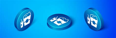 파란색 배경에 고립 된 마시는 빨대와 물 아이콘이있는 골판지 상자와 종이 유리에 등색 팝콘 소다 음료 유리 파란색 원 버튼입니다