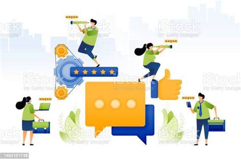 의견에 대한 피드백과 평가를 제공하는 디자인 그림 사람들은 서로에 대해 댓글을 달고 엄지손가락을 치켜세우고 피드백에 별점을 매깁니다 웹 웹 사이트 포스터 앱 브로셔에 사용할
