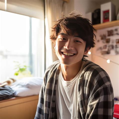 Male Japanese College Student Waking Up Happy Premium Ai Generated Image
