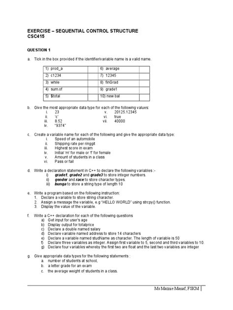 Exercise Sequential Control Structure Pdf Variable Computer Science Data Type