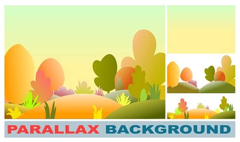 평평한 가을 숲 시차 효과를 설정합니다 나무가있는 풍경 간단한 상징적 인 스타일의 삽화 아침 재미있는 장면 만화 만화 디자인