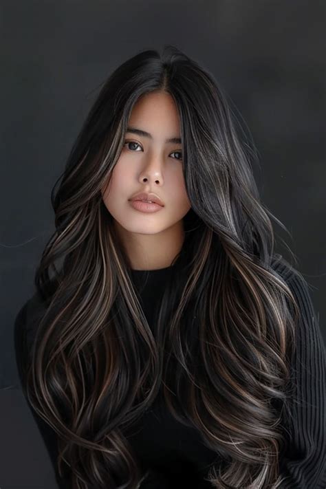 Black Long Hair With Brown Highlights Black Hair Balayage Long Hair