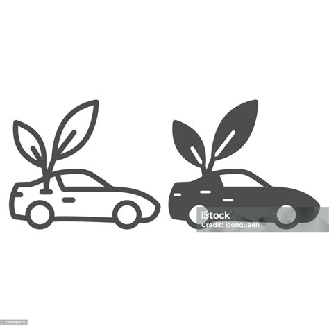 전기 자동차와 녹색 잎 라인과 단색 아이콘 에코 자동차 에너지 개념 벡터 그래픽 흰색 배경에 자동차 경주 용 자동차 기호 모바일 또는 웹 디자인을위한 개요 스타일 아이콘