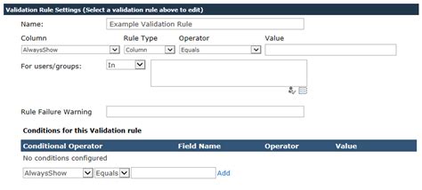 Forms Manager Column Validation Settings