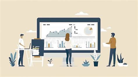 Three People Are Standing In Front Of A Computer Monitor With Graphs Stock Image Image Of