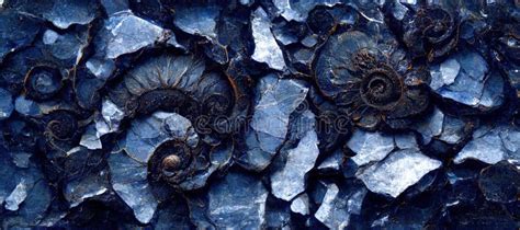 Fossilized Ammonite Sea Shell Spirals Embedded Into Dark Cobalt Blue