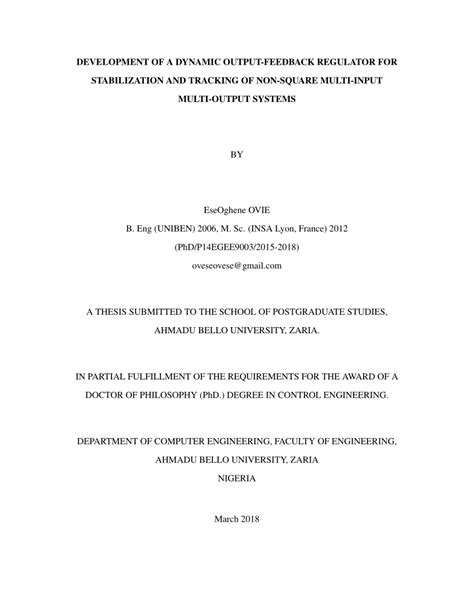 Pdf Development Of A Dynamic Output Feedback Regulator For