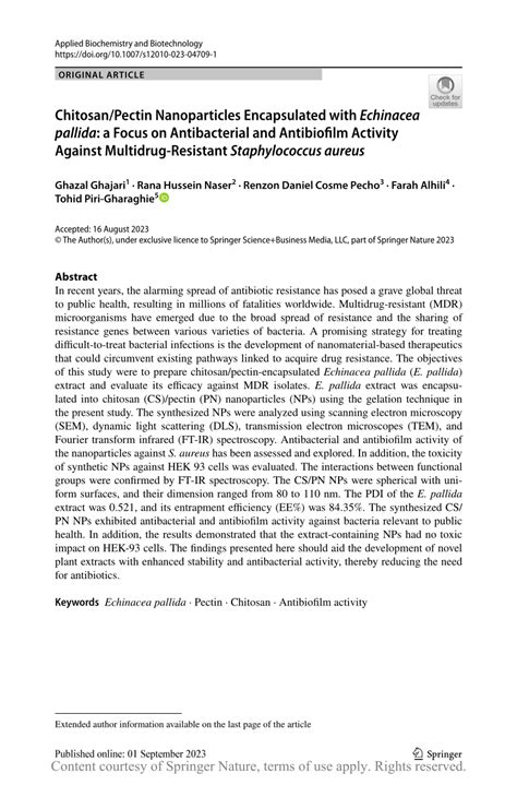 Chitosanpectin Nanoparticles Encapsulated With Echinacea Pallida A Focus On Antibacterial And