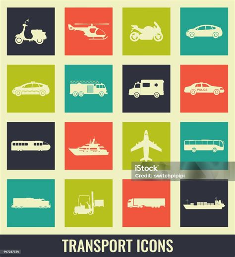 교통 아이콘 설정합니다 도시 자동차와 차량 수송입니다 자동차 선박 비행기 기차 오토바이 헬기 실루엣입니다 벡터 Brand Name Domestic Car에 대한 스톡 벡터