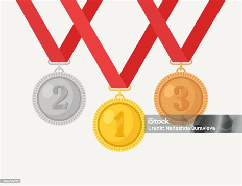 금메달 은메달 동메달 1위 트로피 흰색 배경에 고립 된 우승자에 대한 상 리본이 있는 황금 배지 세트 성취 승리 벡터 만화 일러스트 플랫 디자인 1위에 대한 스톡 벡터 아트