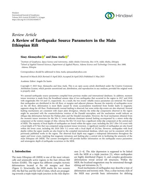 Pdf A Review Of Earthquake Source Parameters In The Main Ethiopian Rift