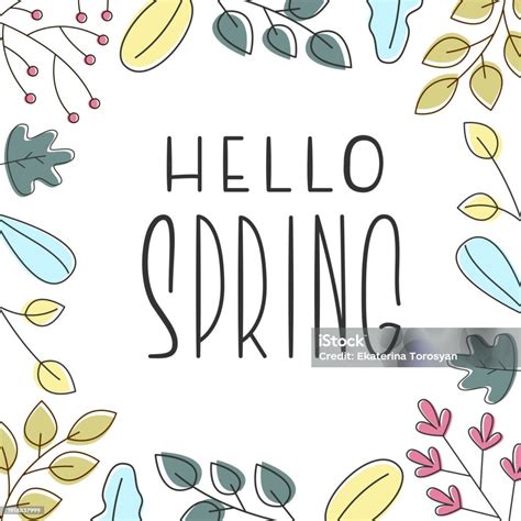 안녕하세요 봄 귀여운 벡터 손 레터링 화려한 나뭇잎 배경입니다 여름 나뭇잎이 그려진 프레임입니다 3월에 대한 스톡 벡터 아트 및 기타 이미지 Istock