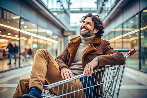 A Man In A Shopping Cart With A Man Sitting In The Shopping Cart Premium Ai Generated Image