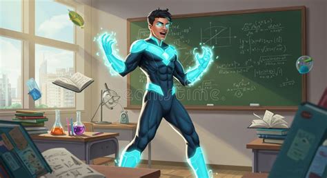 Superhero In A Classroom Wearing A Black And Blue High Tech Suit