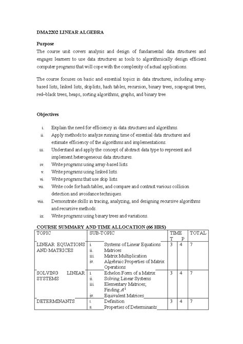 Dma2202 Linear Algebra Dma2202 Linear Algebra Purpose The Course Unit Covers Analysis And