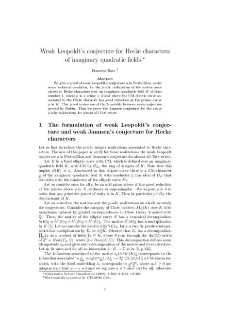 Pdf Weak Leopoldts Conjecture For Hecke Characters Of Imaginary Quadratic Flelds