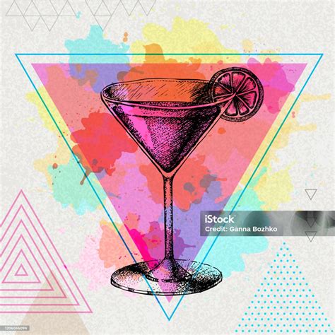 예술적인 다각형 수채화 배경에 힙스터 칵테일 국제적인 그림 고풍스런에 대한 스톡 벡터 아트 및 기타 이미지 고풍스런 기하
