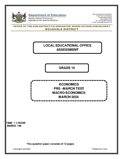 Grade 10 Economics Term 1 Prep Test On Macro Economics March 2024