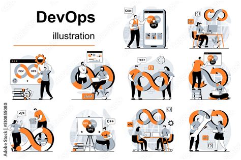 DevOps Concept With People Scenes Set In Flat Design Women And Men Working In Development And