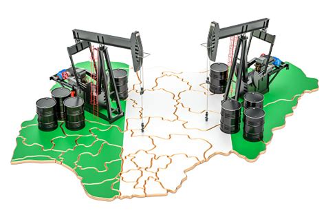 나이지리아 석유 통와 Pumpjacks 지도입니다 석유 생산 개념입니다 3 차원 렌더링 나이지리아에 대한 스톡 사진 및 기타