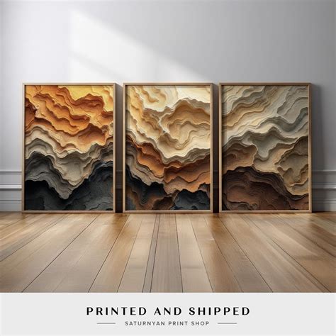 Beige Brown Black Abstract Wall Art Set Of 3 Organic Wave Earth Tones