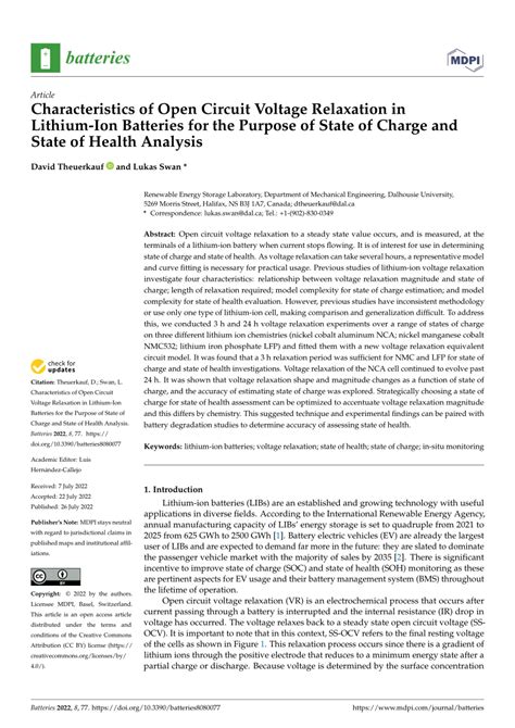 Pdf Characteristics Of Open Circuit Voltage Relaxation In Lithium Ion Batteries For The