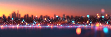 Futuristic Cityscape With Network Connections Data Flow Visualization Technology Background