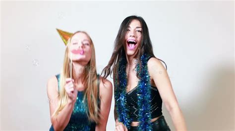 Two Attractive Girls In Swimsuits Dancing And Laughing During Boat Party Stock Video Video Of