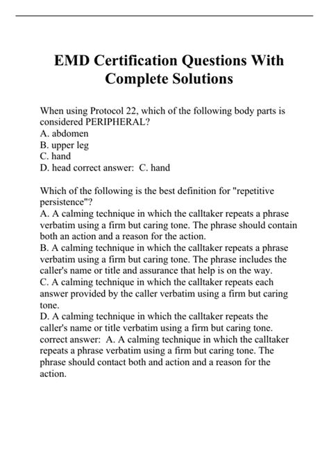 Emd Certification Questions With Complete Solutions Emd Emergency Medical Dispatcher Stuvia Us