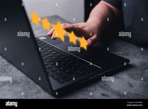 Woman Rating Service Experience On Online Application With 5 Stars Customer Review Satisfaction