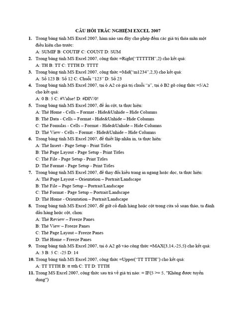 50 CÂu HỎi TrẮc NghiỆm Excel 2007 Pdf