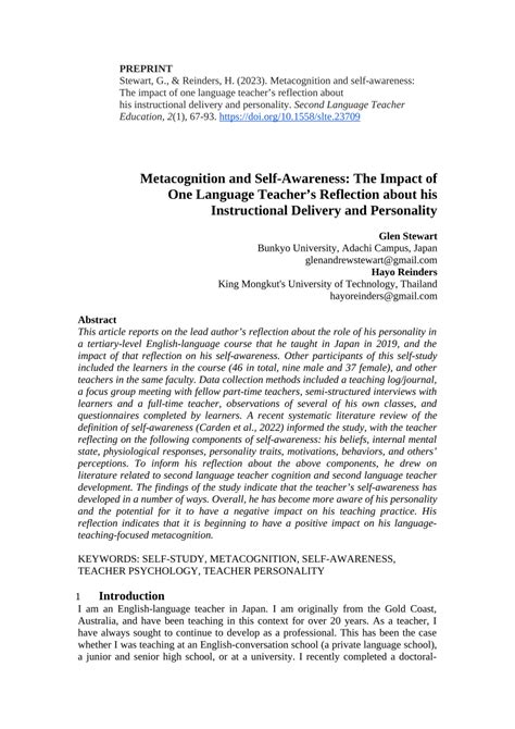 Pdf Metacognition And Self Awareness The Impact Of One Language Teachers Reflection About