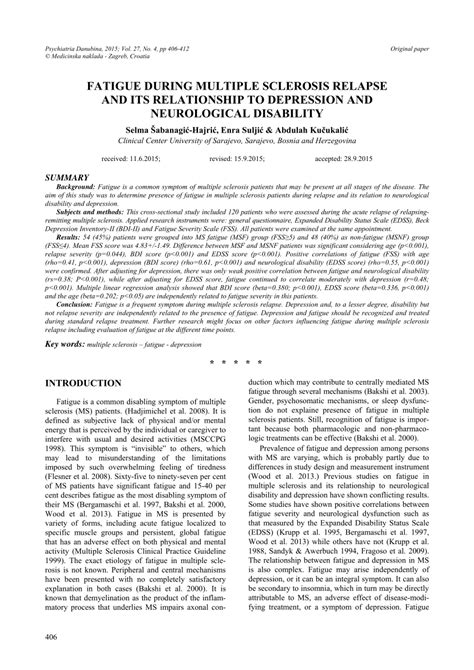 Pdf Fatigue During Multiple Sclerosis Relapse And Its Relationship To Depression And