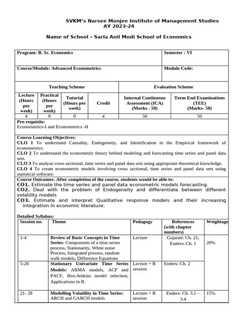 Course Outline Advanced Econometrics Semvi 23 24 Pdf Time Series Econometrics