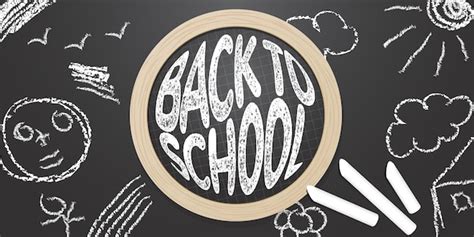 학교 검은 슬레이트와 초크 학교 디자인 배너로 돌아가기 프리미엄 벡터