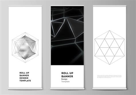 롤업 배너의 벡터 레이아웃은 수직 전단지 플래그 디자인 비즈니스 템플릿 D 다각형을 의미합니다 프리미엄 벡터