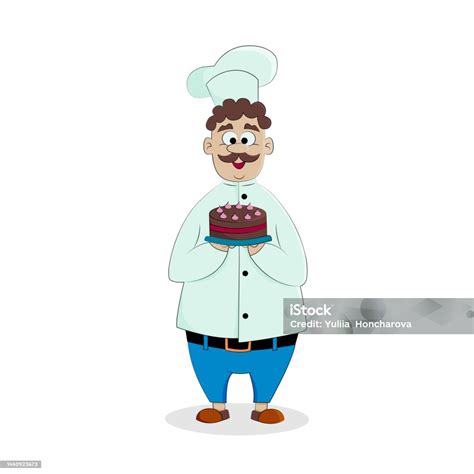 튜닉과 모자에 케이크를 들고 쾌활한 요리사 만화 스타일의 격리된 벡터 삽화 제빵사에 대한 스톡 벡터 아트 및 기타 이미지 제빵사 요리사 벡터 Istock