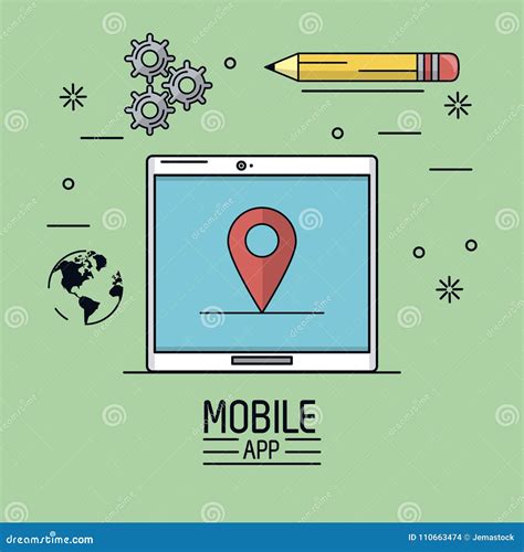 Green Background Poster Of Mobile App With Tablet Device With Map Pointer In Screen And Icon Of