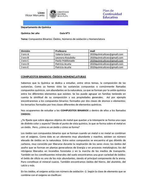 Guía N° 3 De Óxidos Fórmulas Y Nomenclatura Pdf Óxido Compuestos